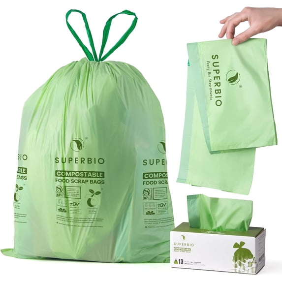 13 Gallon Compostable Drawstring Kitchen Waste Bag, 49.2 Liter, 30 ...