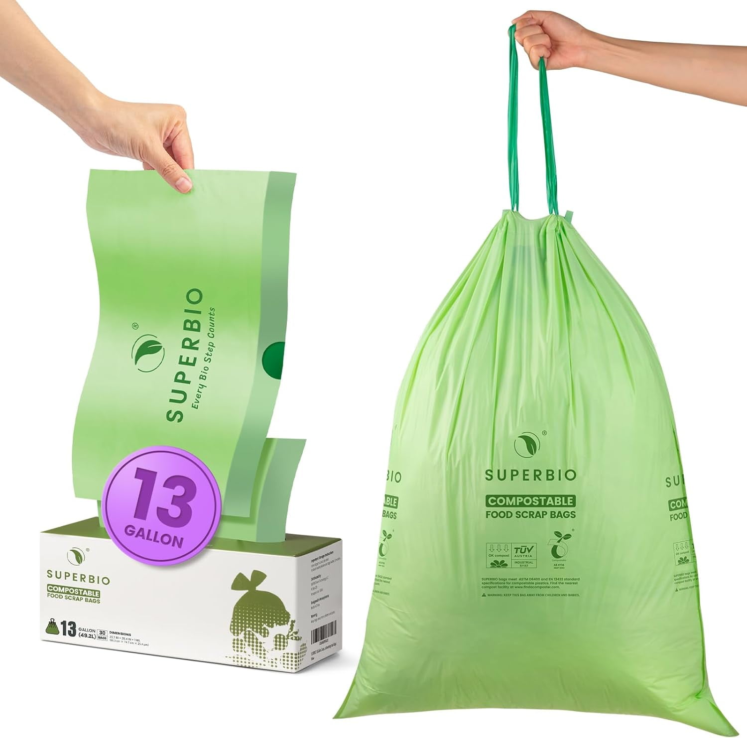 13 Gallon Compostable Drawstring Kitchen Waste Bag, 49.2 Liter, 30 ...