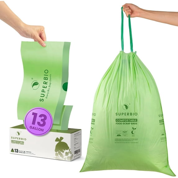 13 Gallon Compostable Drawstring Kitchen Waste Bag, 49.2 Liter, 30 ...