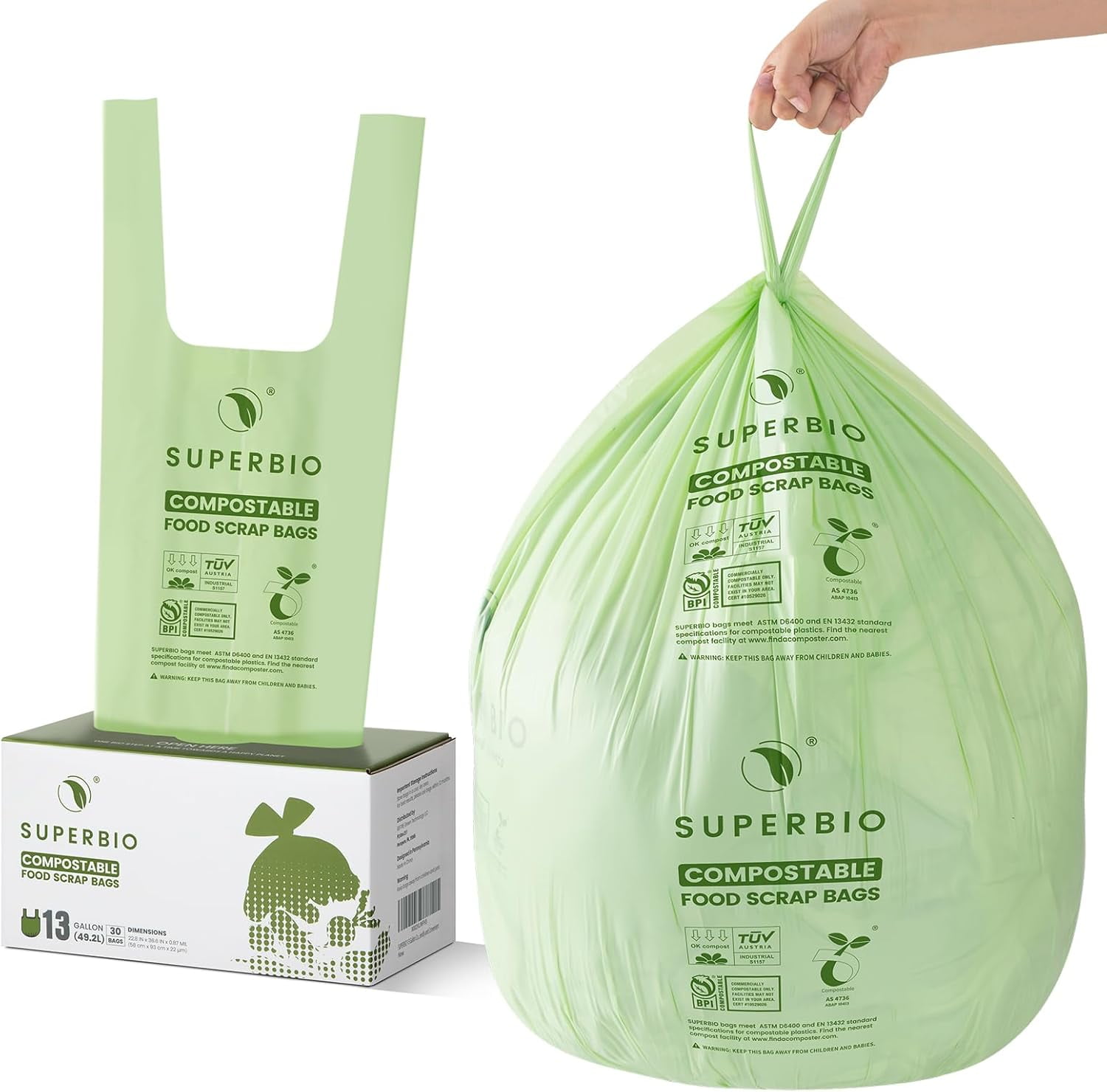 13 Gallon Compostable Kitchen Waste Bags with Handles, Food Scrap Bags ...