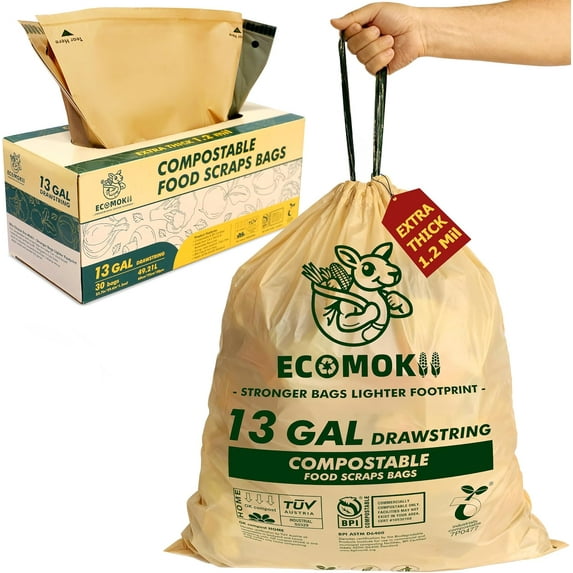 13 Gallon Compostable Trash Bags with Drawstring, 30 Count, 49.2 Liter ...