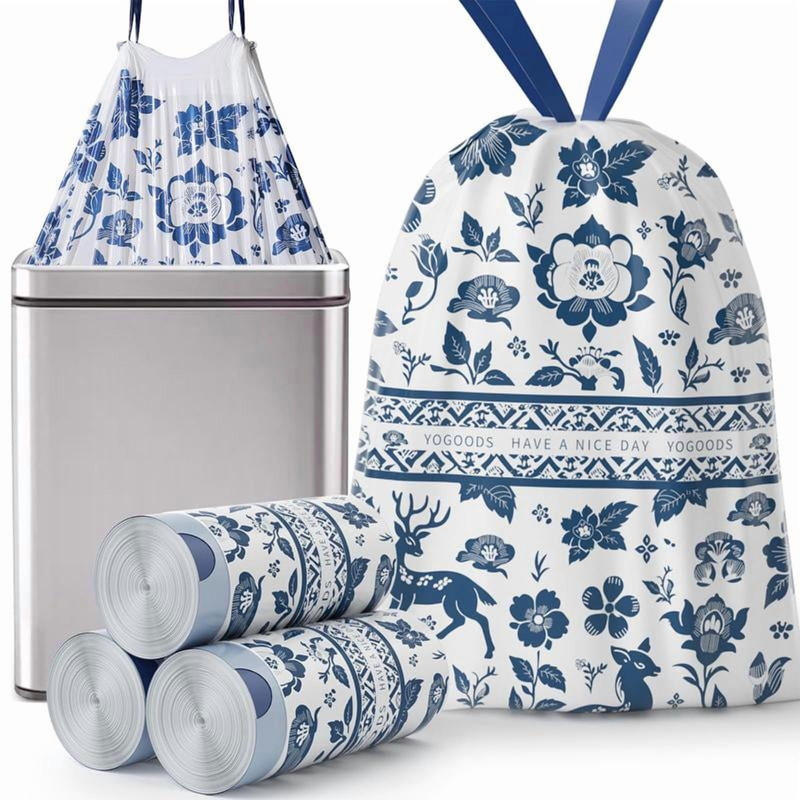 13 Gallon Drawstring Trash Bags – Rip-Proof & Sturdy, Blue & White ...