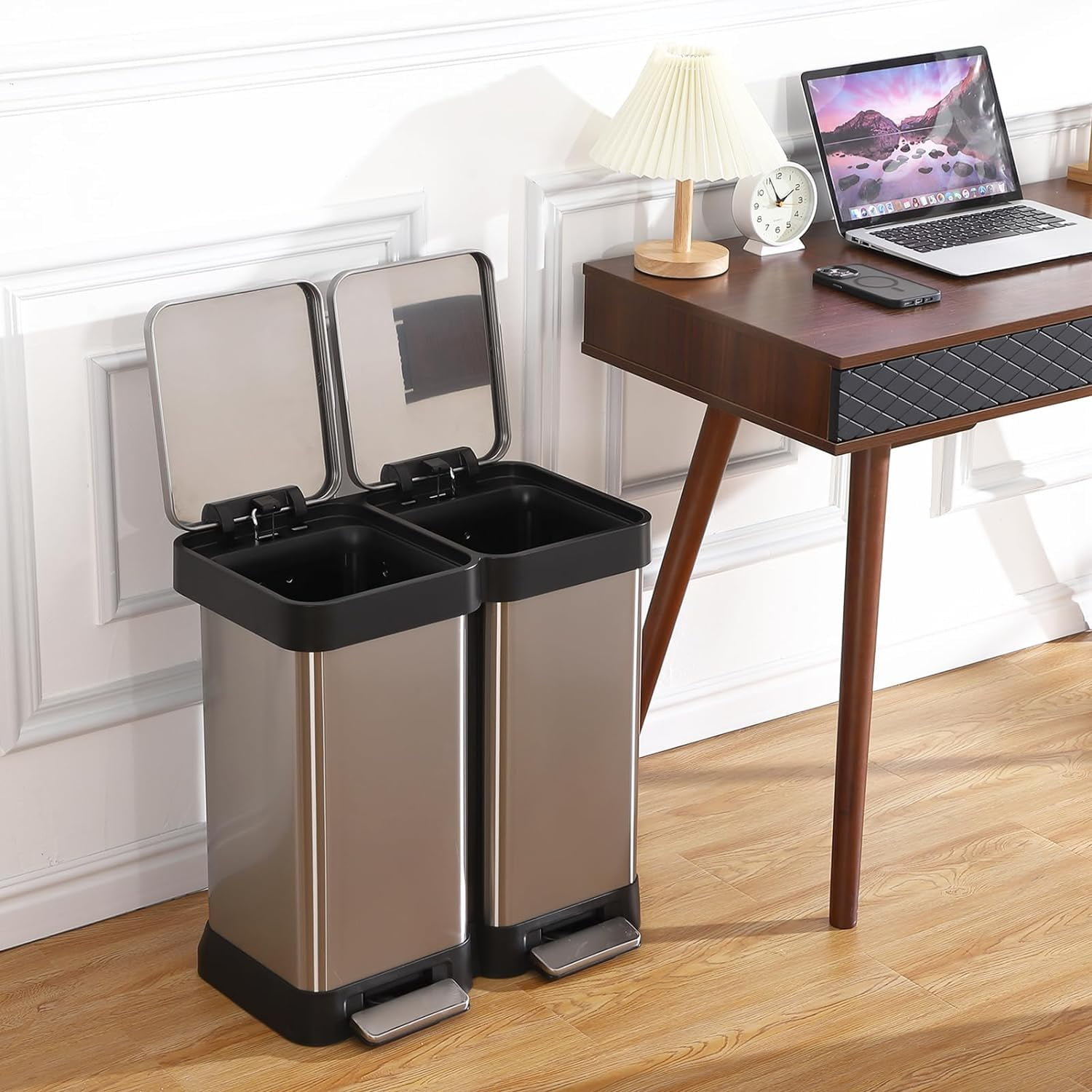 13 Gallon Dual Compartment Trash Can, 50L Stainless Steel Step Garbage ...