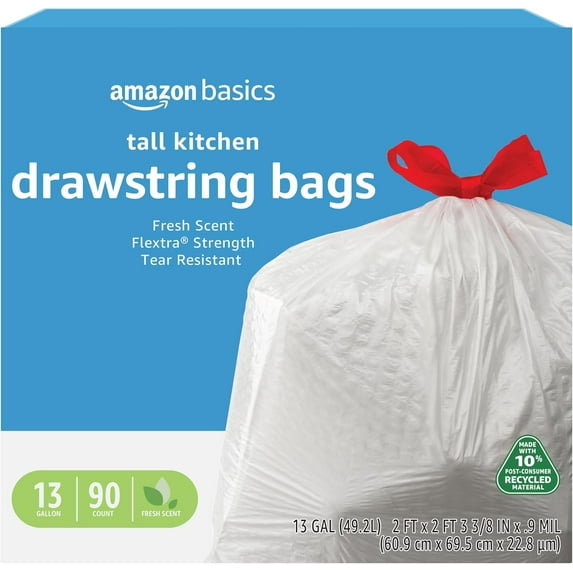 13 Gallon Flextra Strength Tall Kitchen Drawstring Trash Bags, Tear Resistant, 10% Post Consumer ...