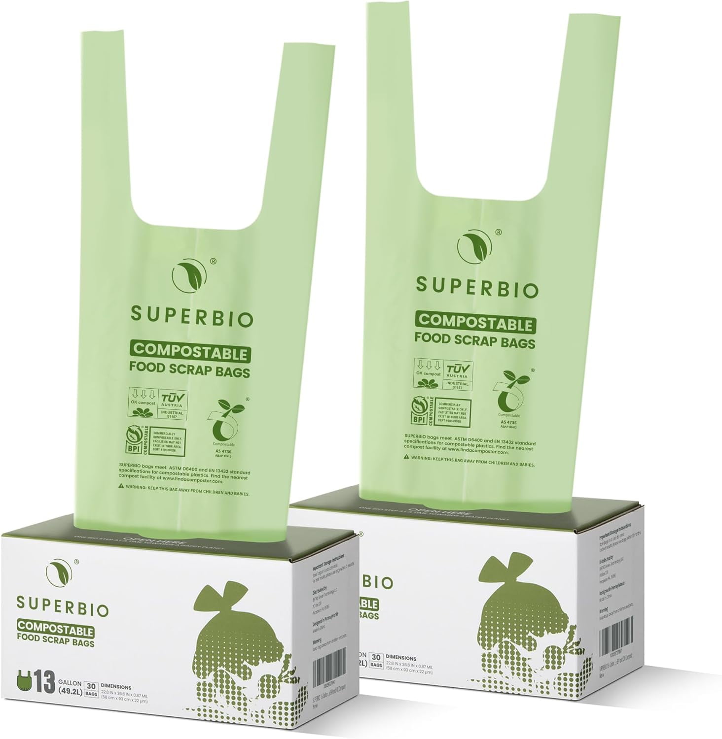 13 Gallon Handle Tie Compostable Food Waste Bags, 30 Count, 2 Pack ...