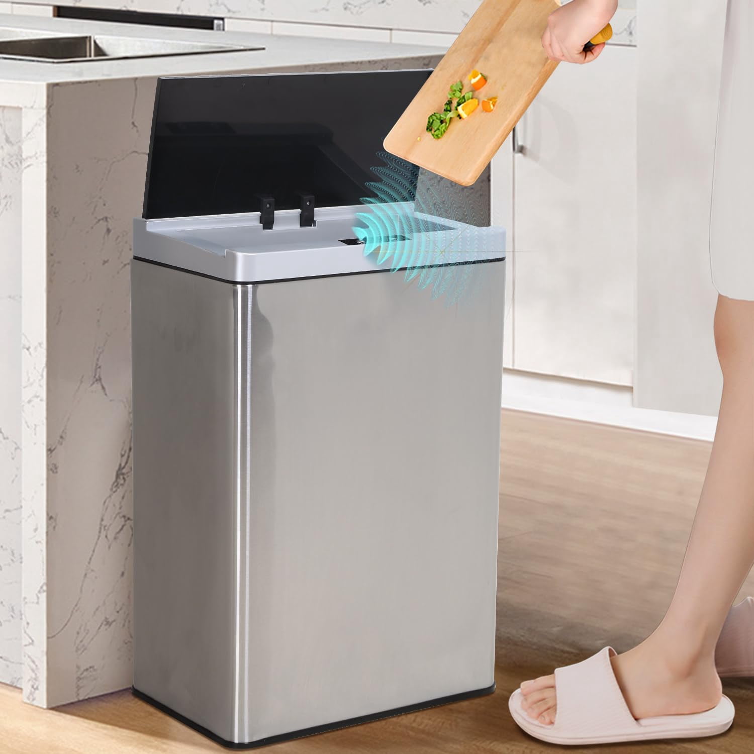13 Gallon Kitchen Trash Can, Stainless Steel Motion Sensor Trash Can ...