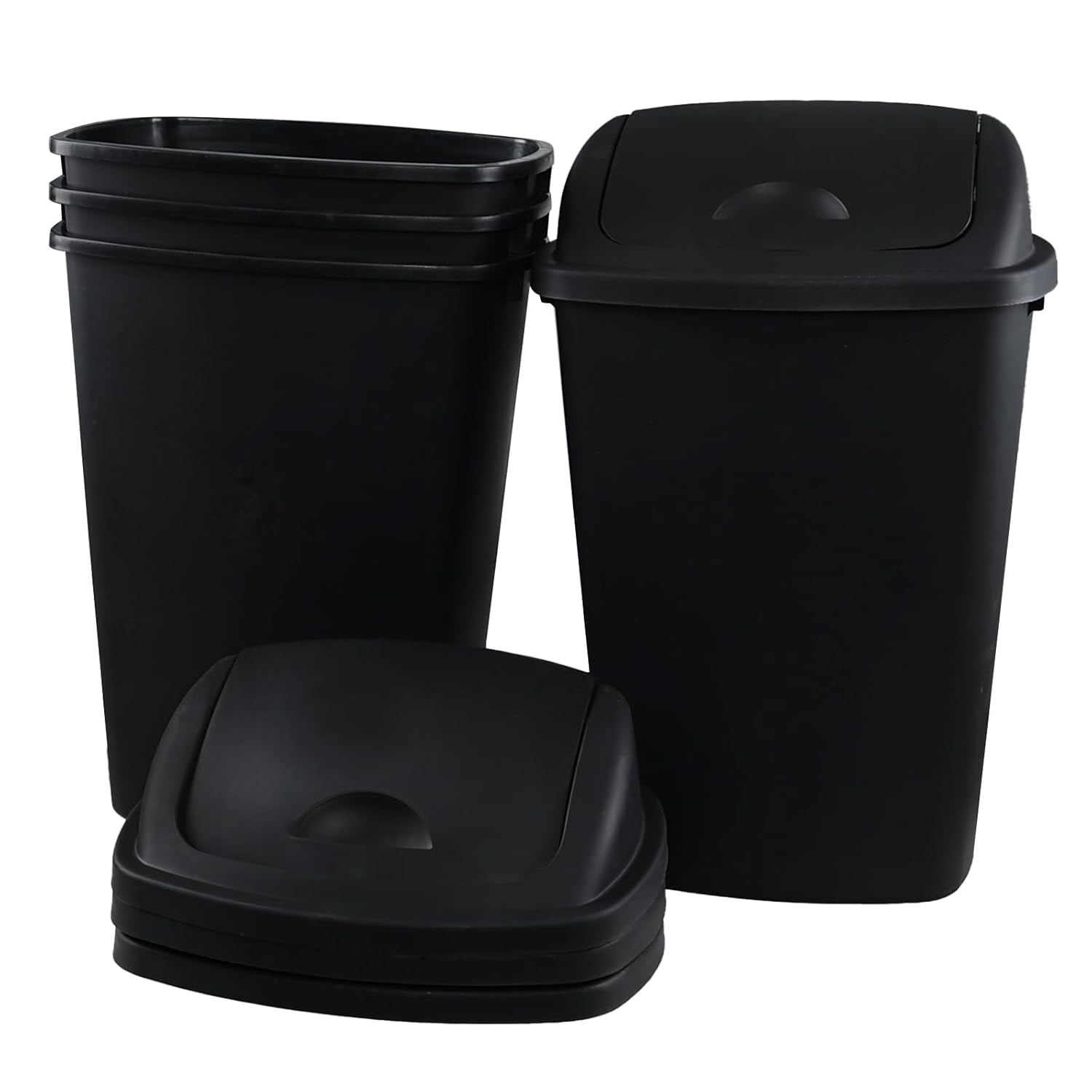 13 Gallon Plastic Waste Basket Swing Top, 4 Pack Black Plastic Trash ...