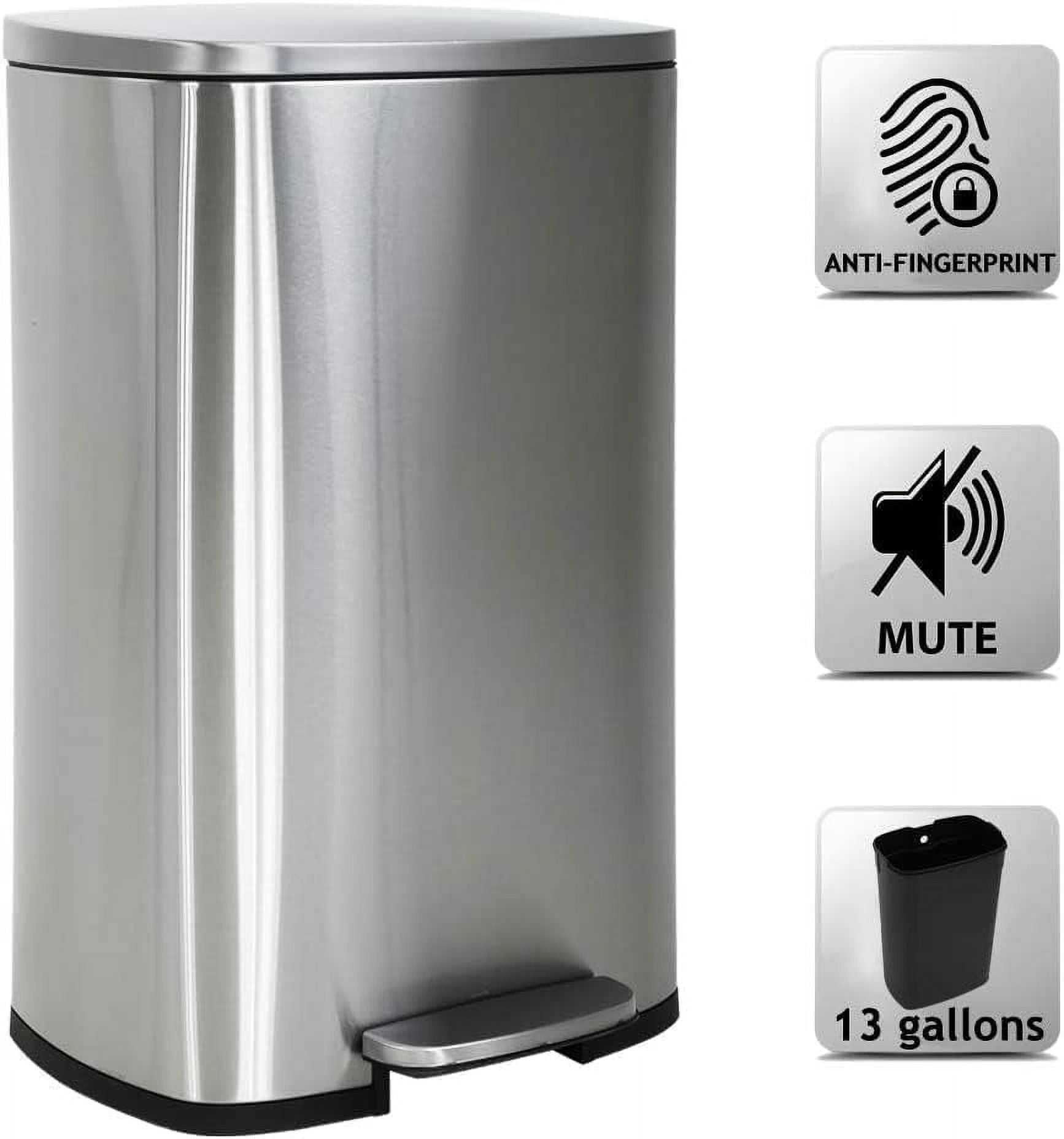 13 Gallon Step Trash Can with Soft-Close Lid - Stainless Steel Pedal ...