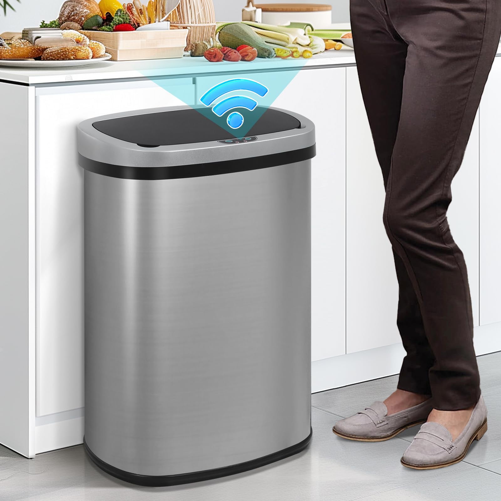 13 Gallon Trash Can Automatic Kitchen Garbage Can with Lid Touchless Sensor Waste Bin Slim No ...