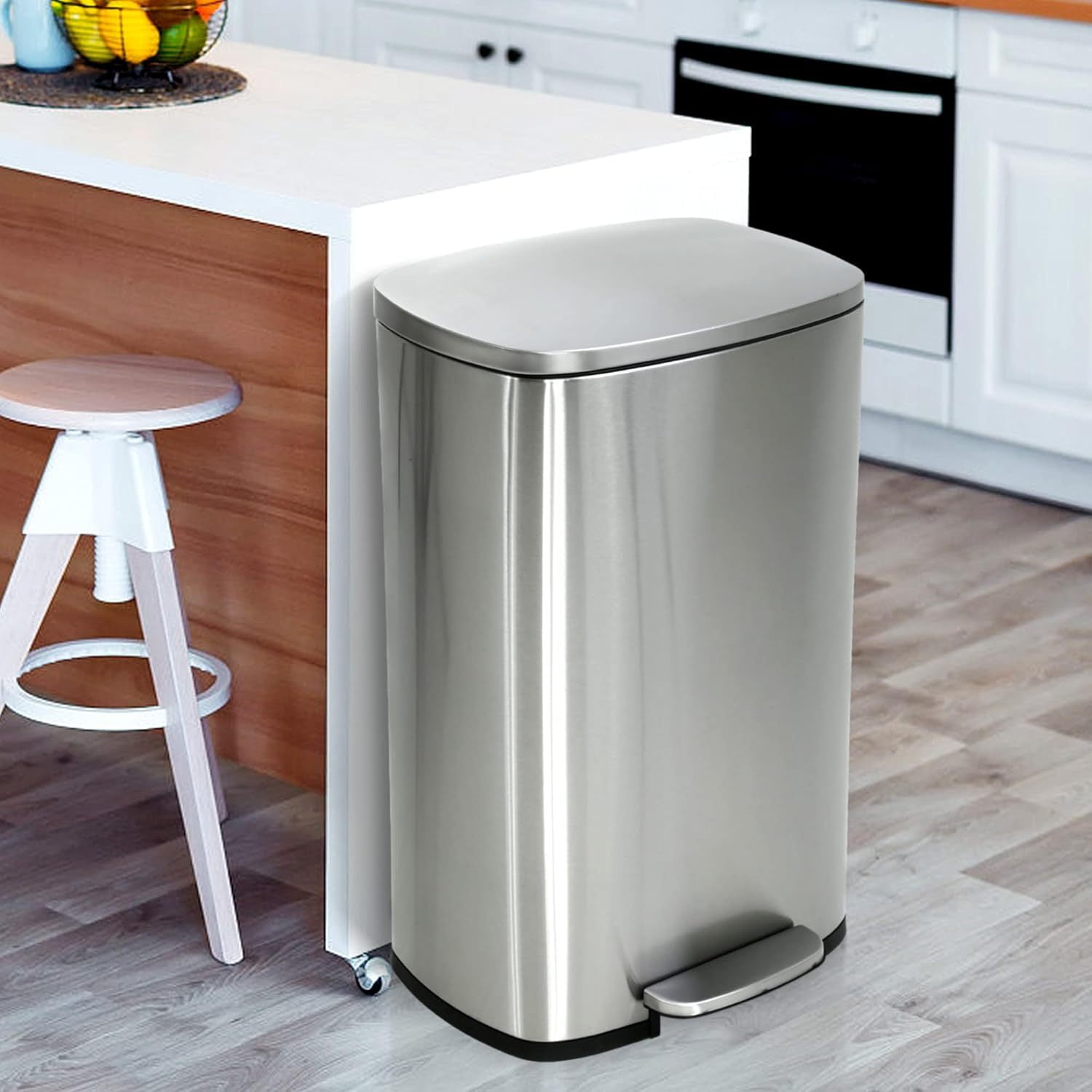 13 Gallon Trash Can, Brushed Stainless Steel Kitchen Trash Can with Soft-close Lid, Fingerprint ...