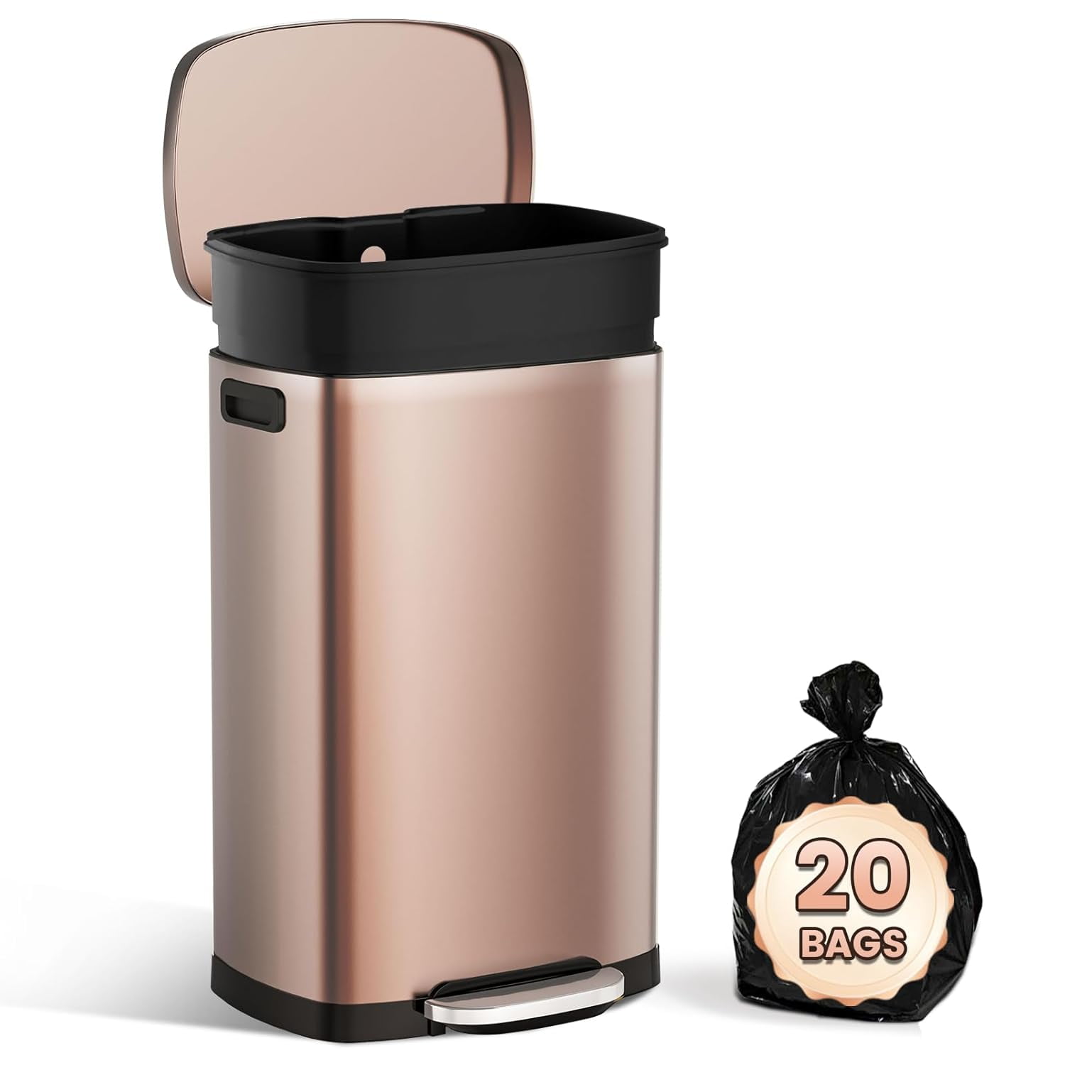 13 Gallon Trash Can with Lid, 50L Stainless Steel Soft Close Lid ...