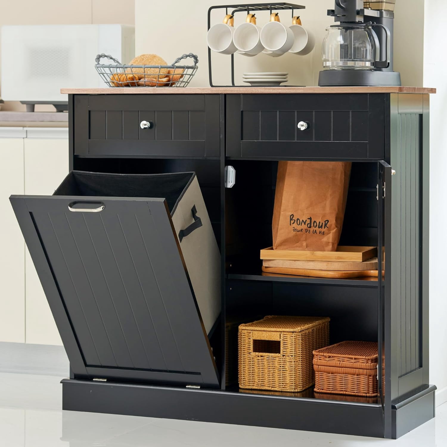 13 Gallons Tilt Out Trash Cabinet with Hideaway Drawers Pet Proof ...