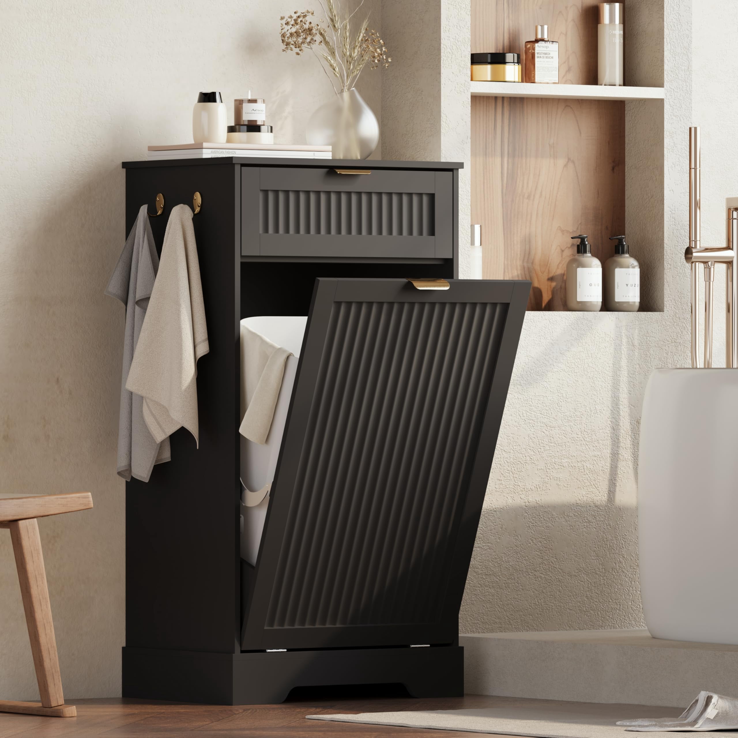 13 Gallons Tilt Out Trash Can Cabinet, Wooden Fluted Trash Cabinet with ...