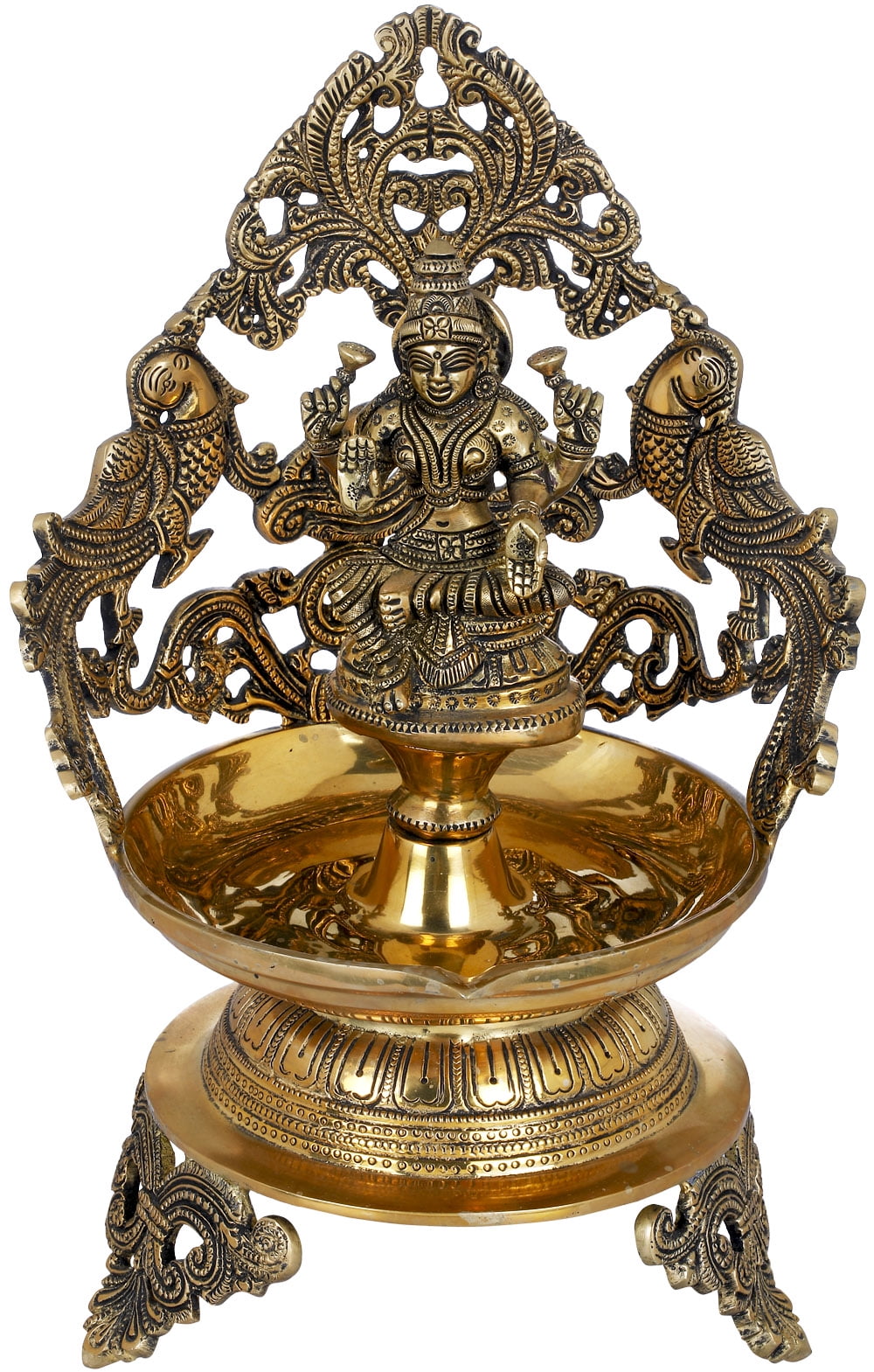 13" Goddess Lakshmi Large Diya With Peacock Aureole In Brass | Handmade ...