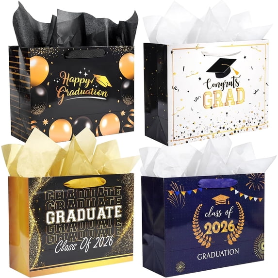 13" Graduation Gift Bags with Tissue Paper, 4 Pack Paper Gift Bags with ...