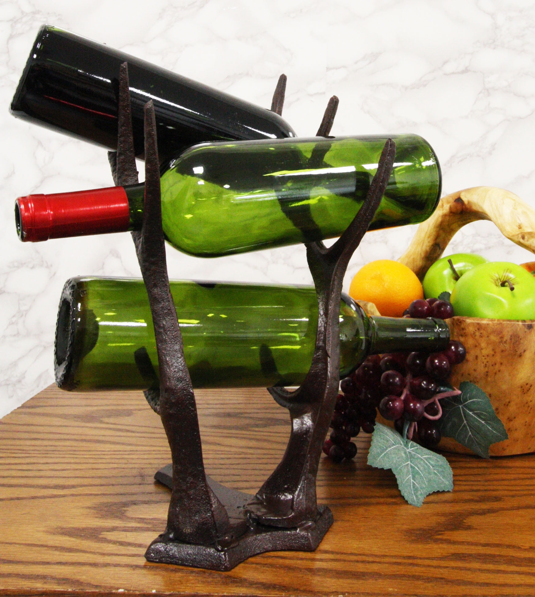 13"H Rustic Western Metal Trophy Stag Deer Antlers 3 Wine Bottles ...