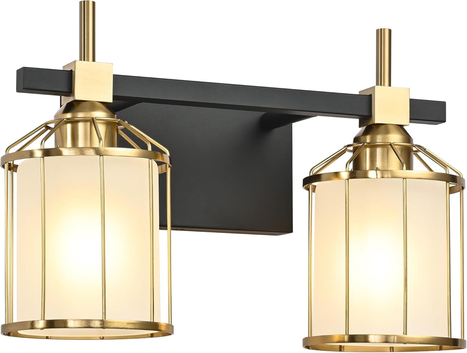 13 Inch 2 Lights Black and Brass Bathroom Light Fixtures with Frosted ...