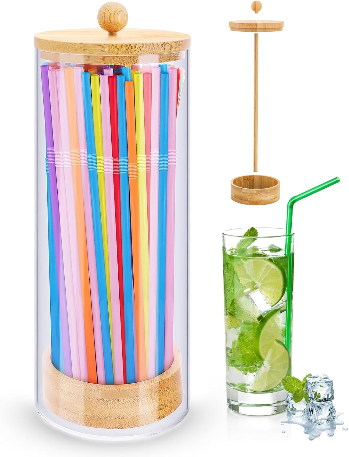 13-Inch Acrylic Straw Dispenser with Bamboo Lid with 100 Colorful ...