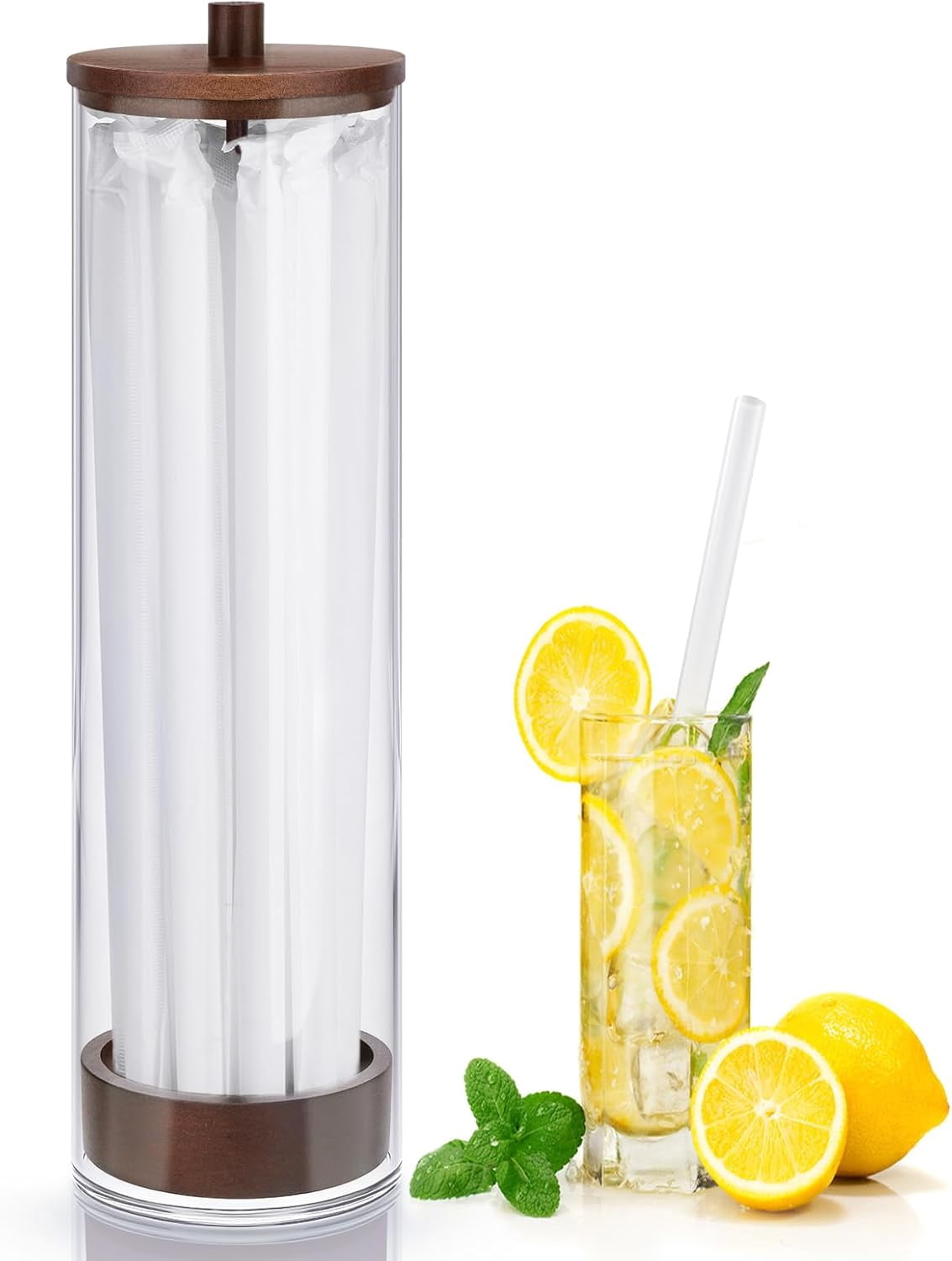 13-Inch Acrylic Straw Dispenser with Bamboo Lid with 100 Colorful ...
