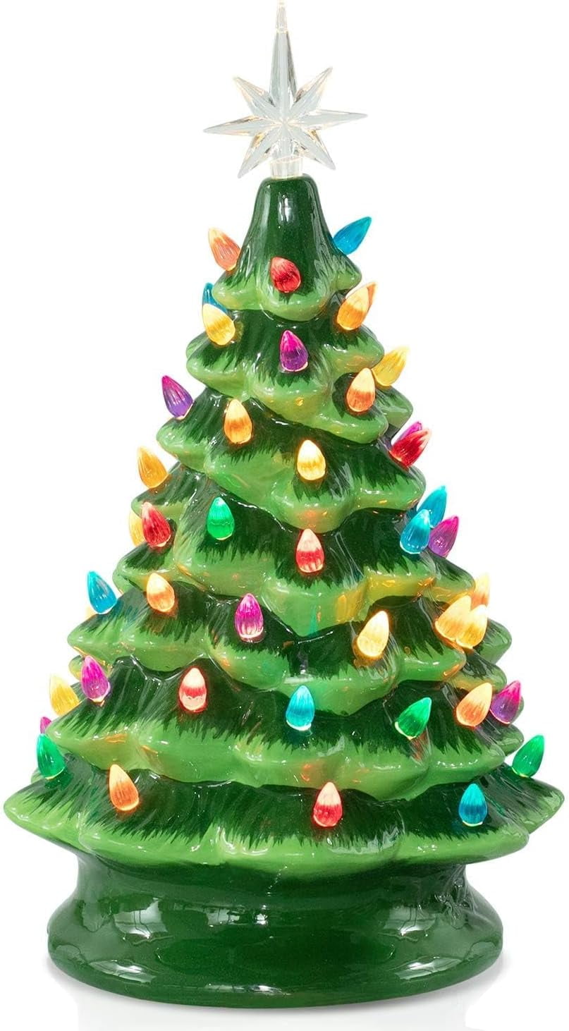 13 Inch Ceramic Christmas Tree, Pre-lit Tabletop Christmas Tree with ...