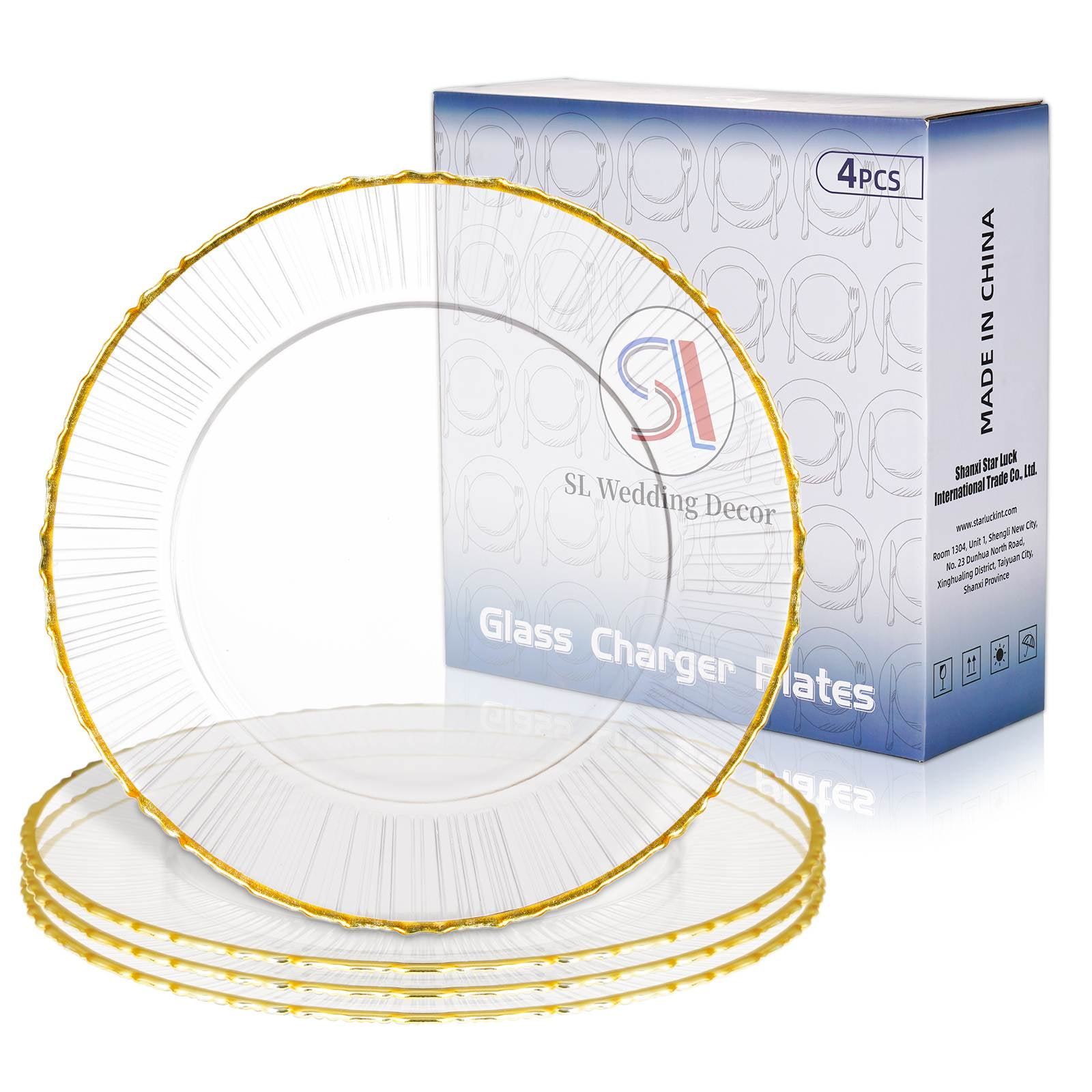 13 Inch Clear Glass Charger Plates with Gold Trim, 4 Packs Glass ...