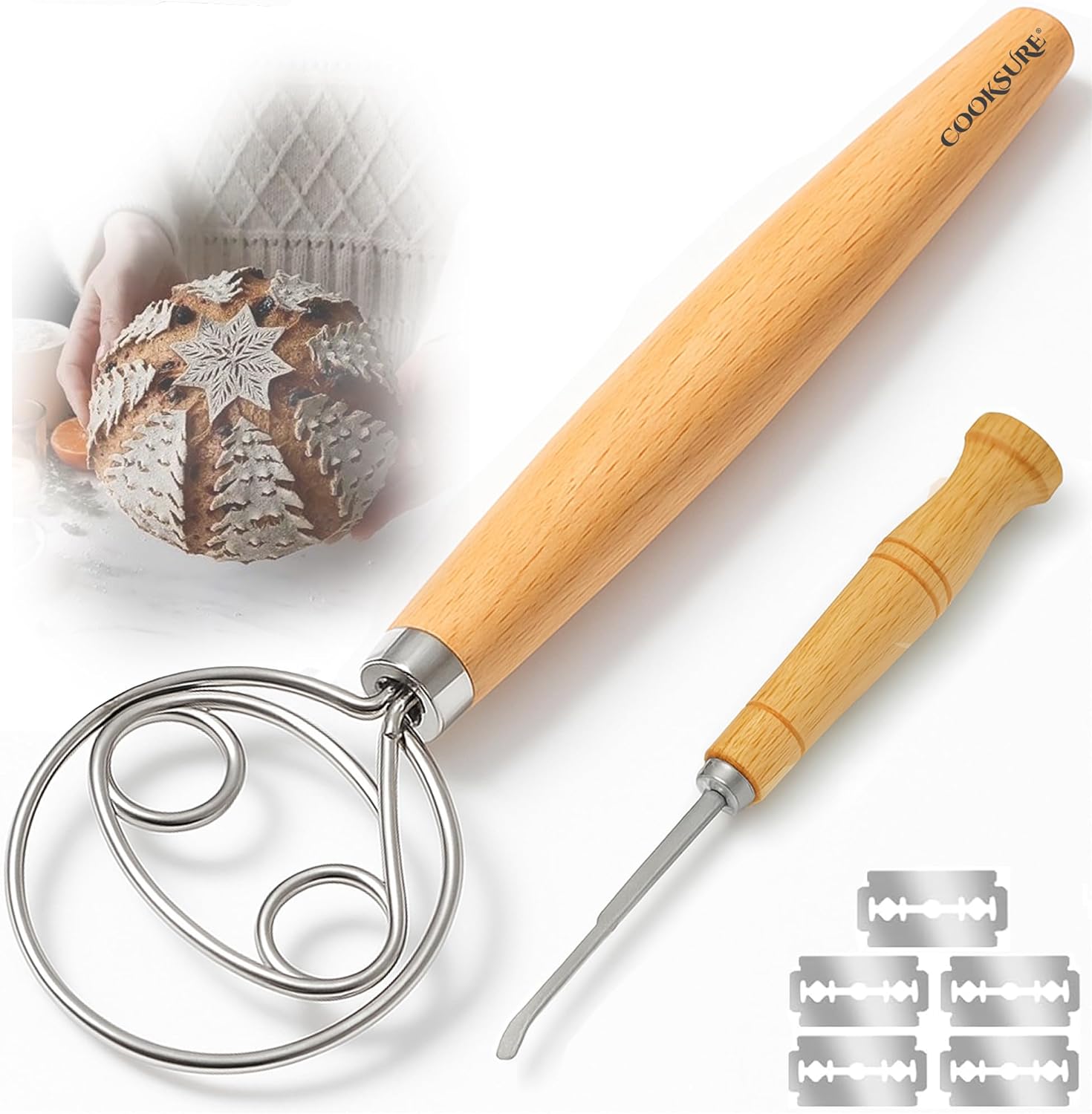 13 Inch Danish Dough Whisk with Bread Lame – 304 Stainless Steel Dough ...