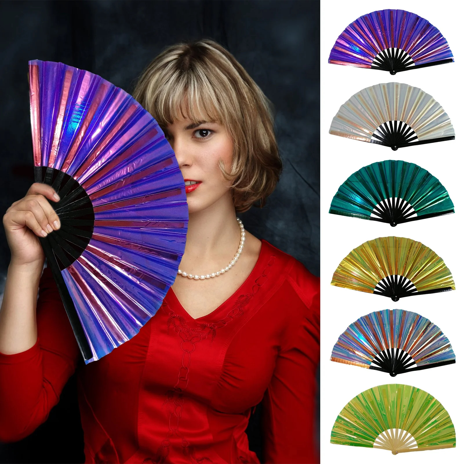 13 Inch Kung Fu Folding Fan, Holographic Glitter Metal Hand Fan ...