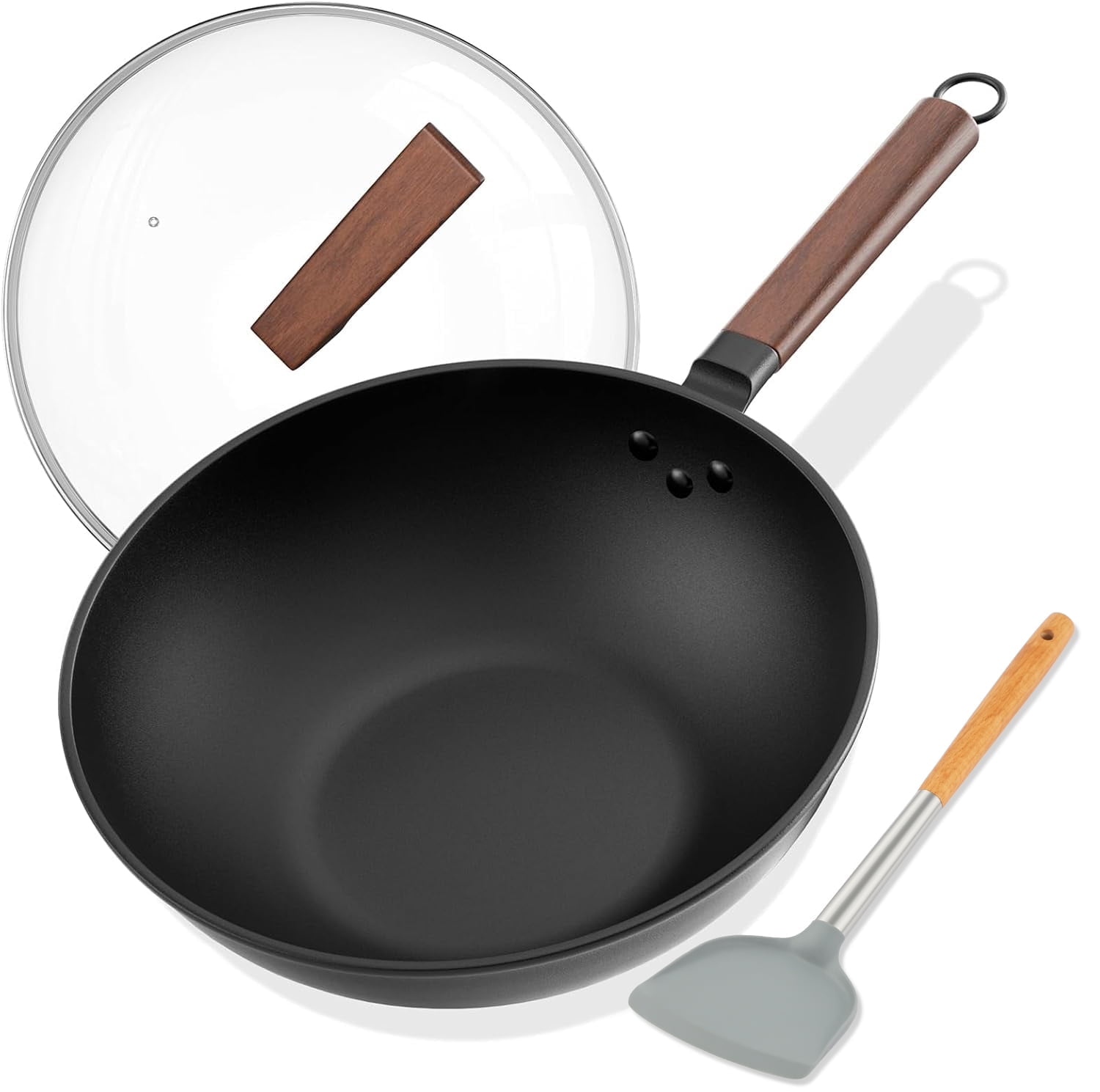 TAIMASI Carbon Steel Wok Pan 13 Inch Nonstick Flat Bottom Stir-Fry with ...