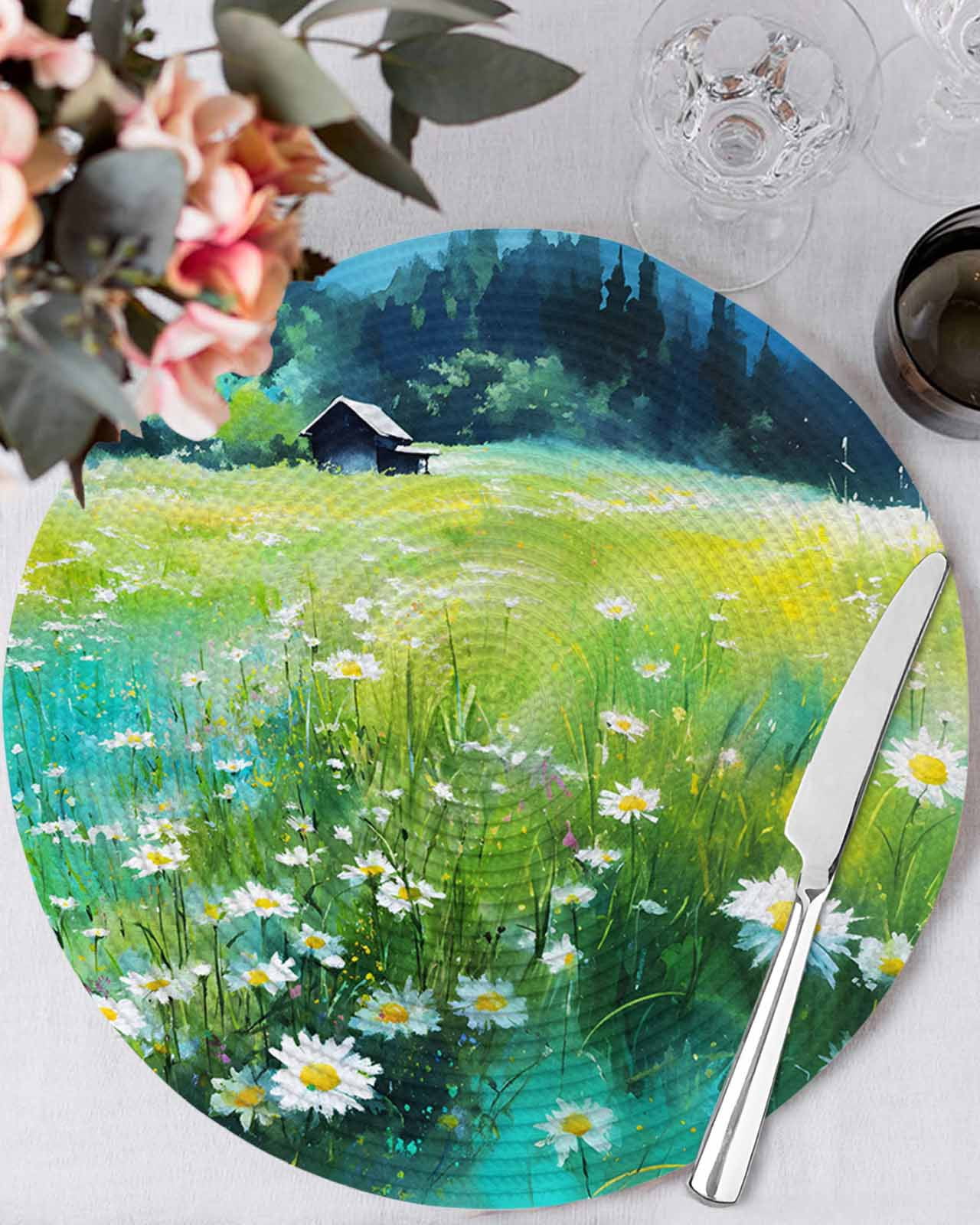 13 Inch Round Placemats Set of 4, Blue Green Forests Non Slip Heat ...