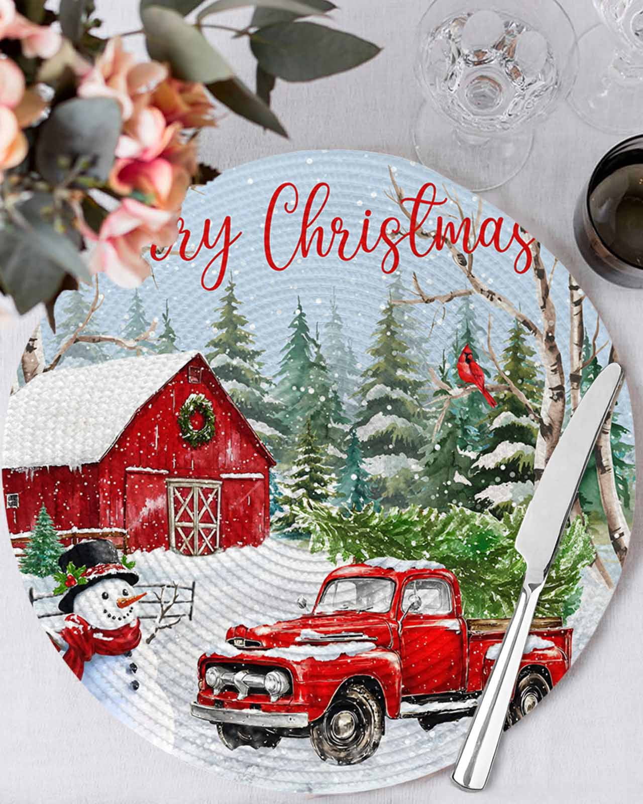 13 Inch Round Placemats Set of 4, Christmas Non Slip Heat Insulation PP ...