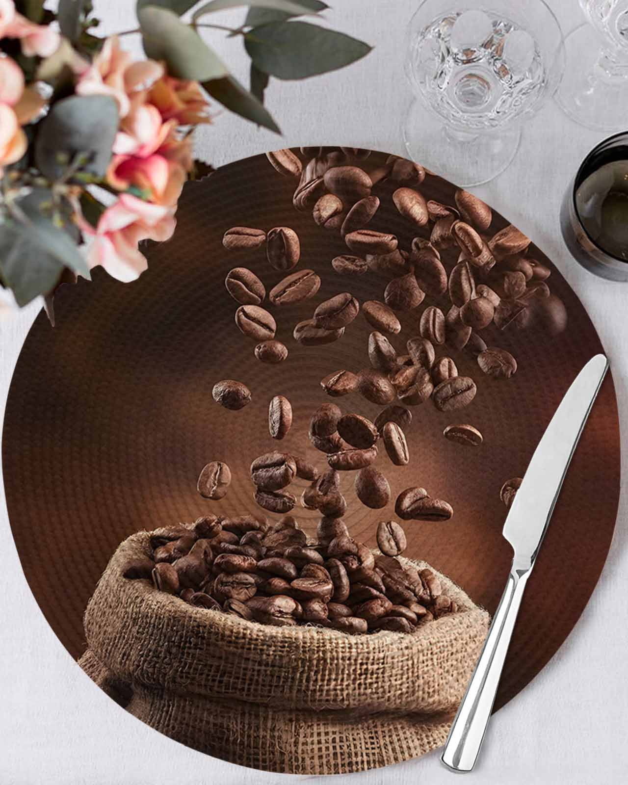 13 Inch Round Placemats Set of 4, Coffee Beans Non Slip Heat Insulation ...