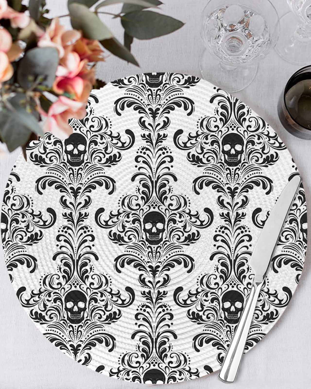 13 Inch Round Placemats Set of 4, Halloween Horrible Skull Non Slip ...