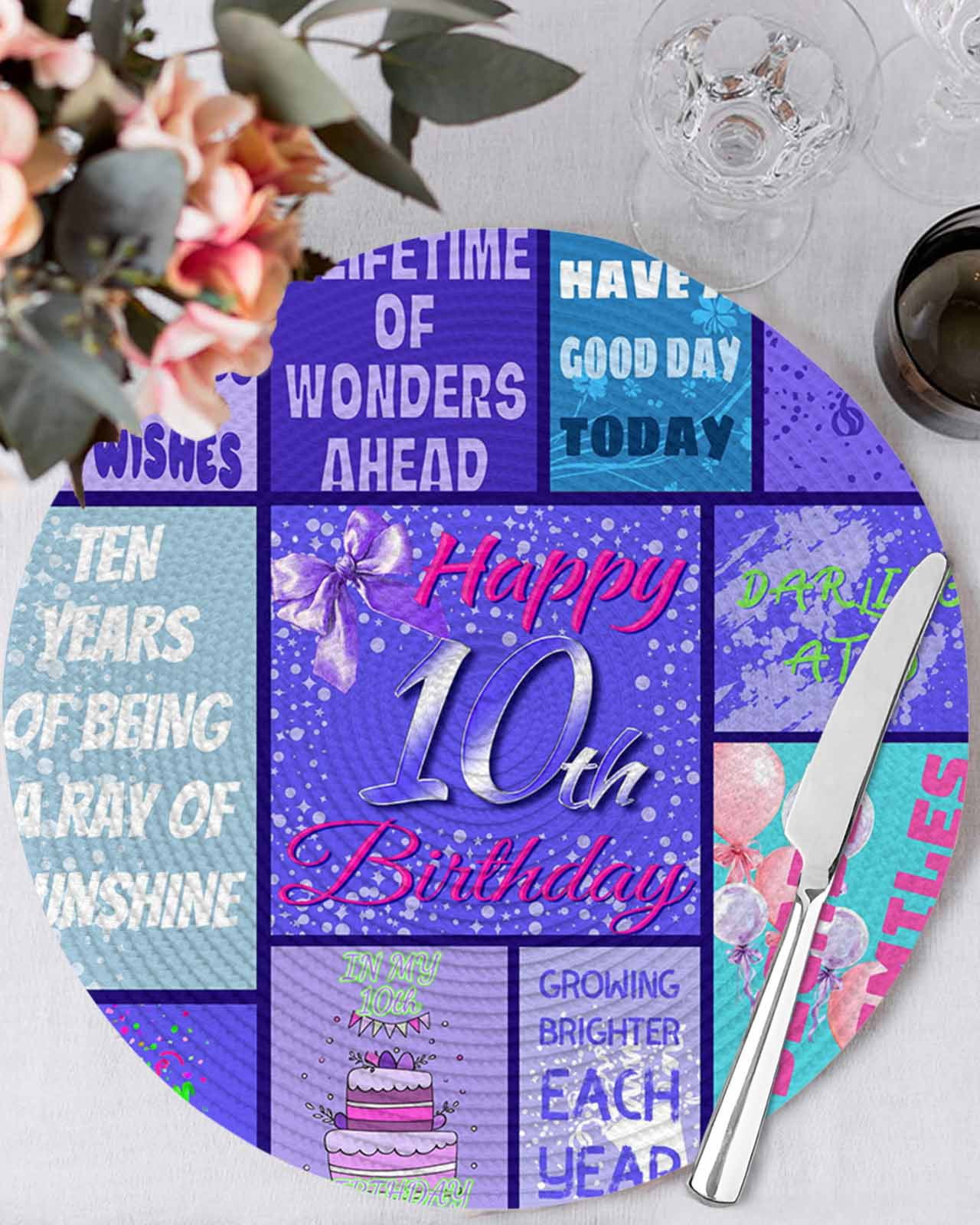 13 Inch Round Placemats Set of 4, Happy 10th Birthday Non Slip Heat ...