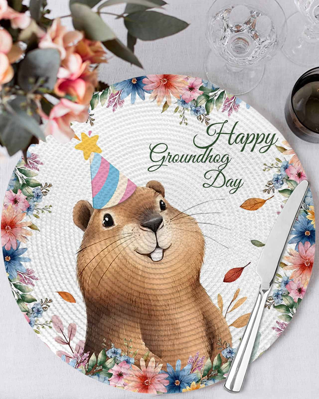 13 Inch Round Placemats Set of 4, Happy Groundhog Day Non Slip Heat ...