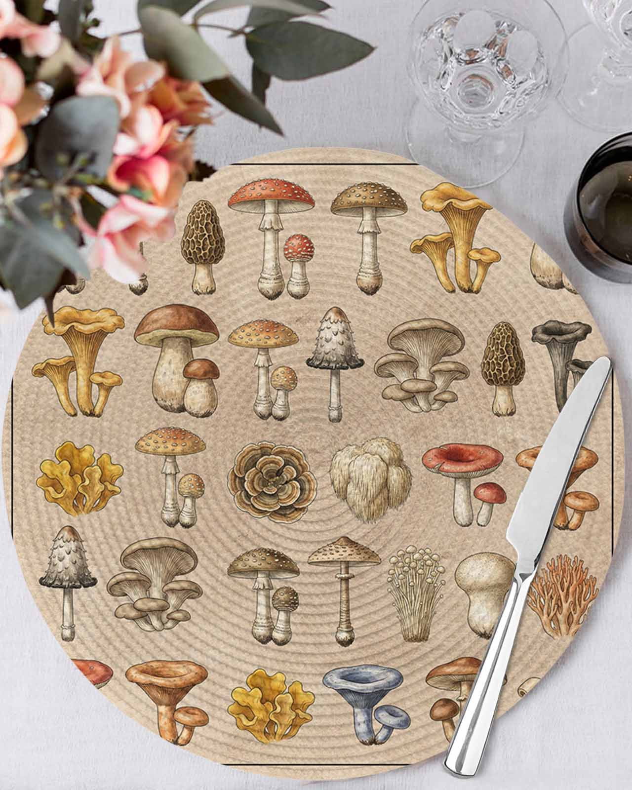 13 Inch Round Placemats Set of 4, Mushroom Plants Non Slip Heat ...