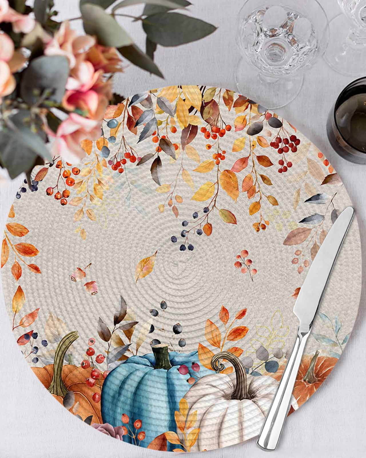 13 Inch Round Placemats Set of 4, Orange Blue Fall Non Slip Heat ...