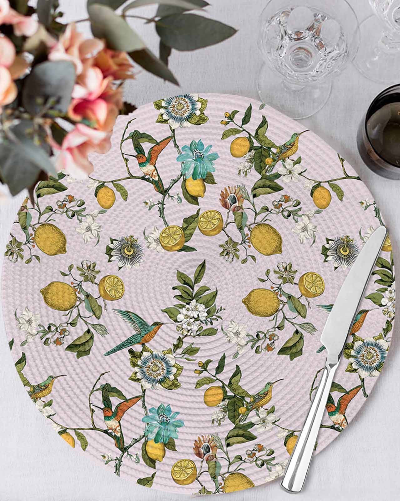 13 Inch Round Placemats Set of 4, Pink Botanical Non Slip Heat ...