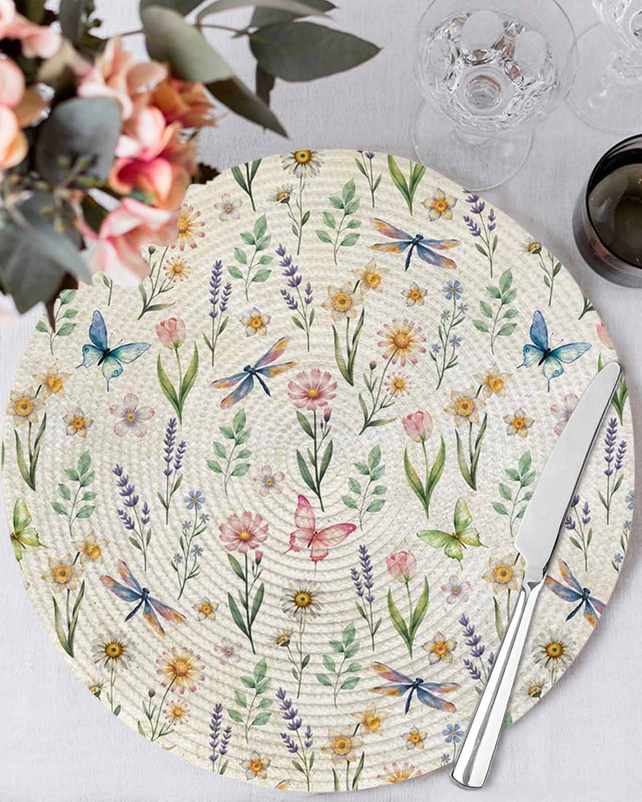 13 Inch Round Placemats Set of 4, Spring Floral Non Slip Heat ...