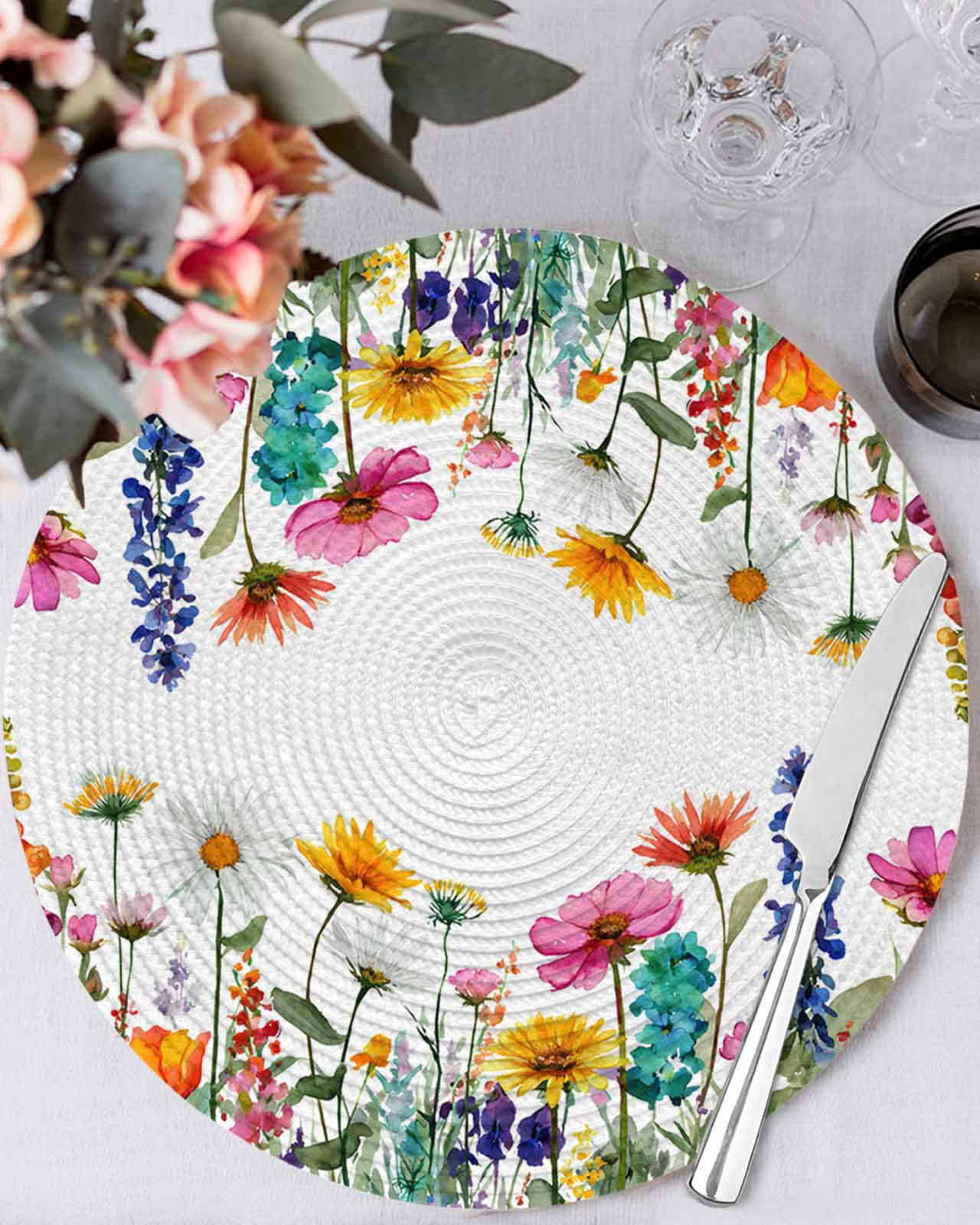 13 Inch Round Placemats Set of 4, Spring Floral Non Slip Heat ...