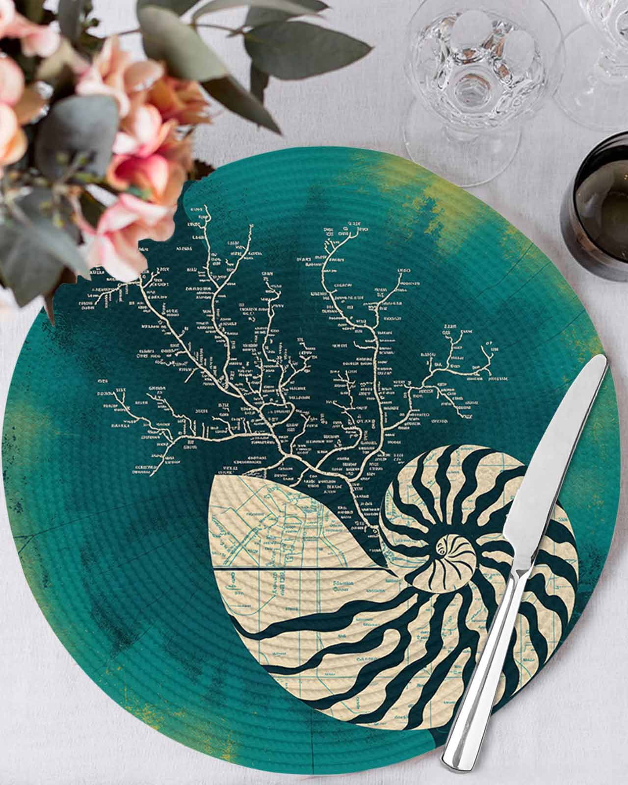 13 Inch Round Placemats Set of 4, Vintage Teal Blue Conch Non Slip Heat ...