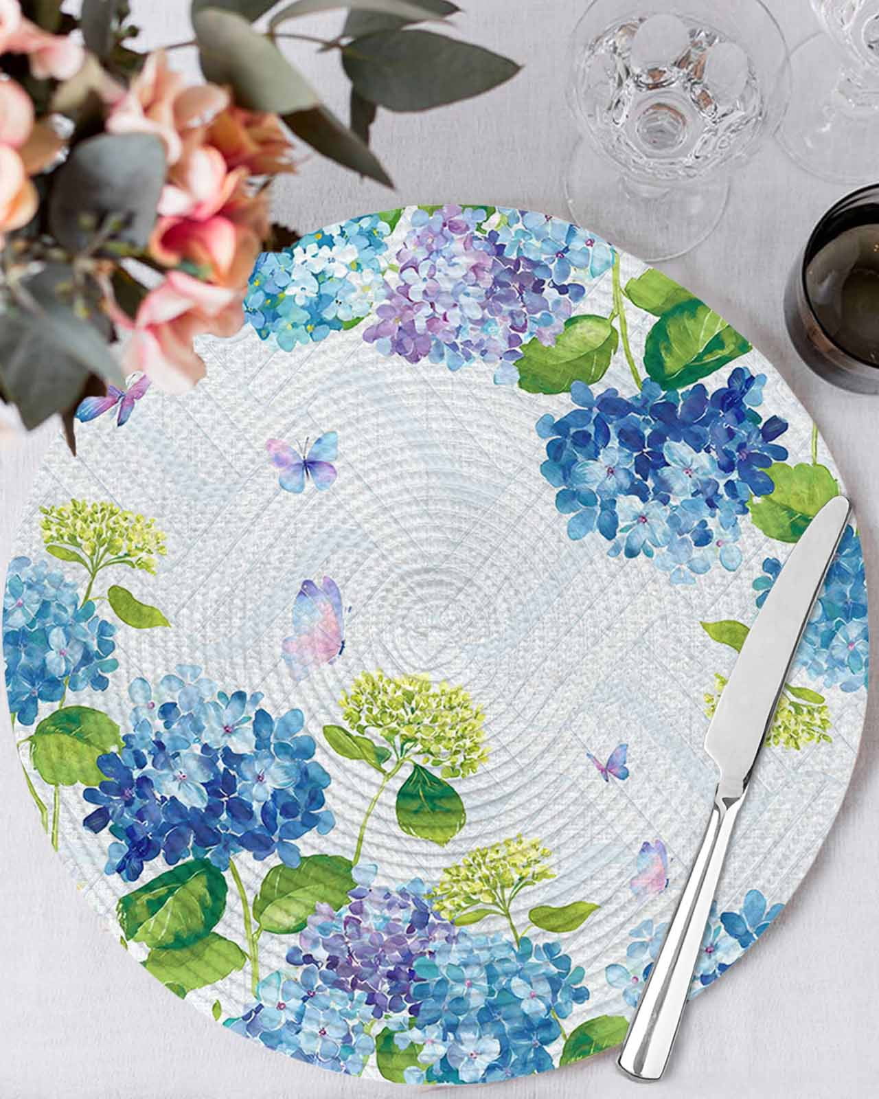 13 Inch Round Placemats Set of 6, Blue Hydrangea Floral Non Slip Heat ...