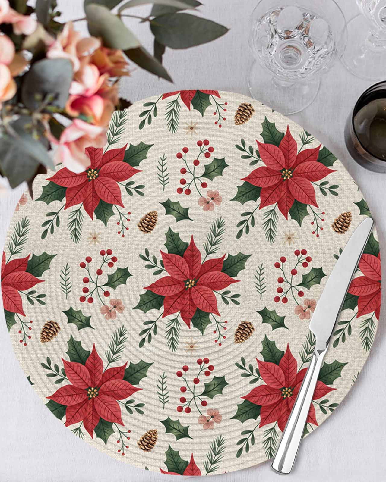 13 Inch Round Placemats Set of 6, Christmas Poinsettia Non Slip Heat ...