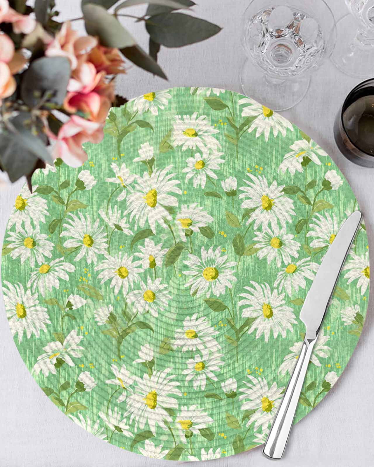 13 Inch Round Placemats Set of 6, Green Daisy Floral Non Slip Heat ...