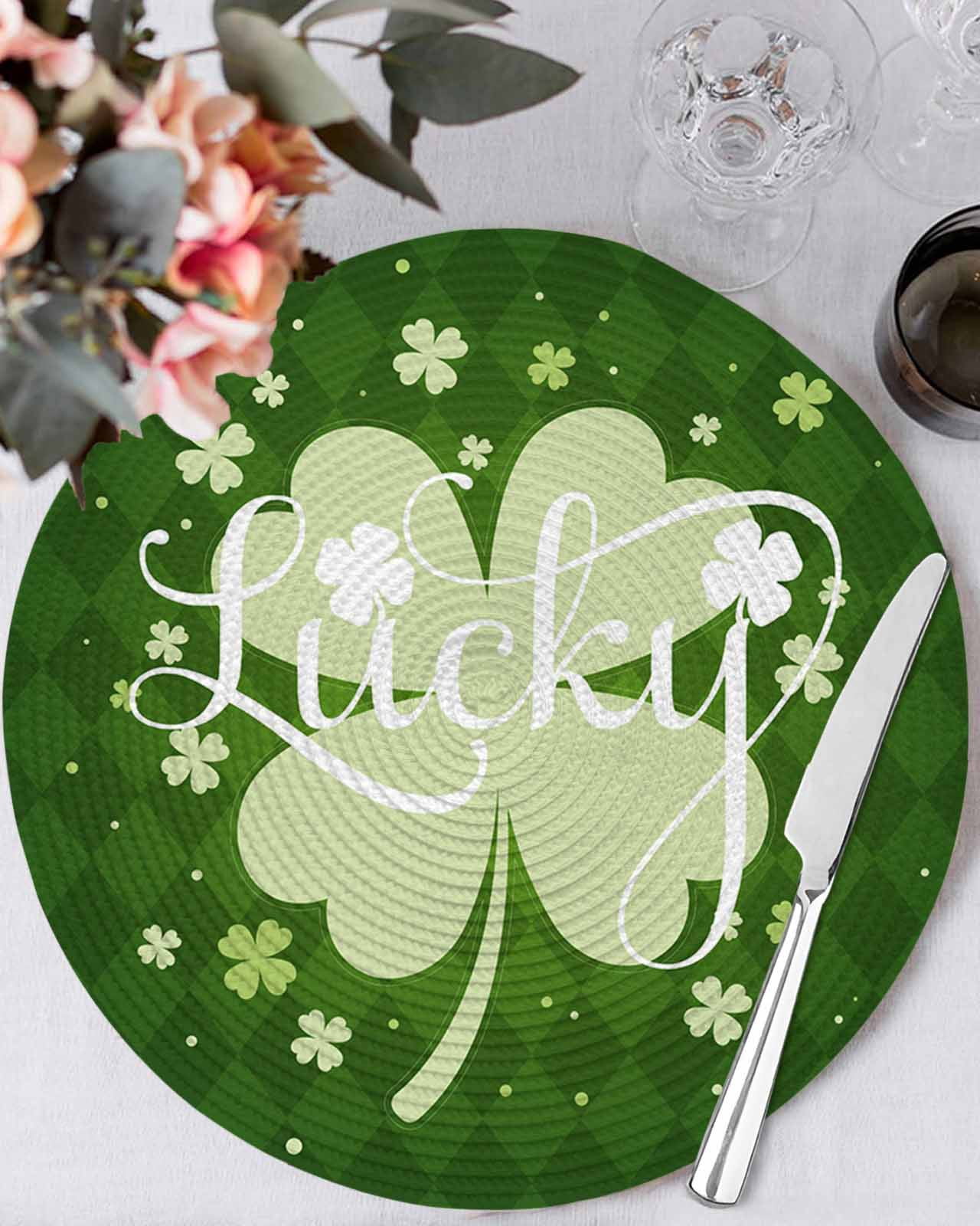 13 Inch Round Placemats Set of 6, Green Shamrock Non Slip Heat ...