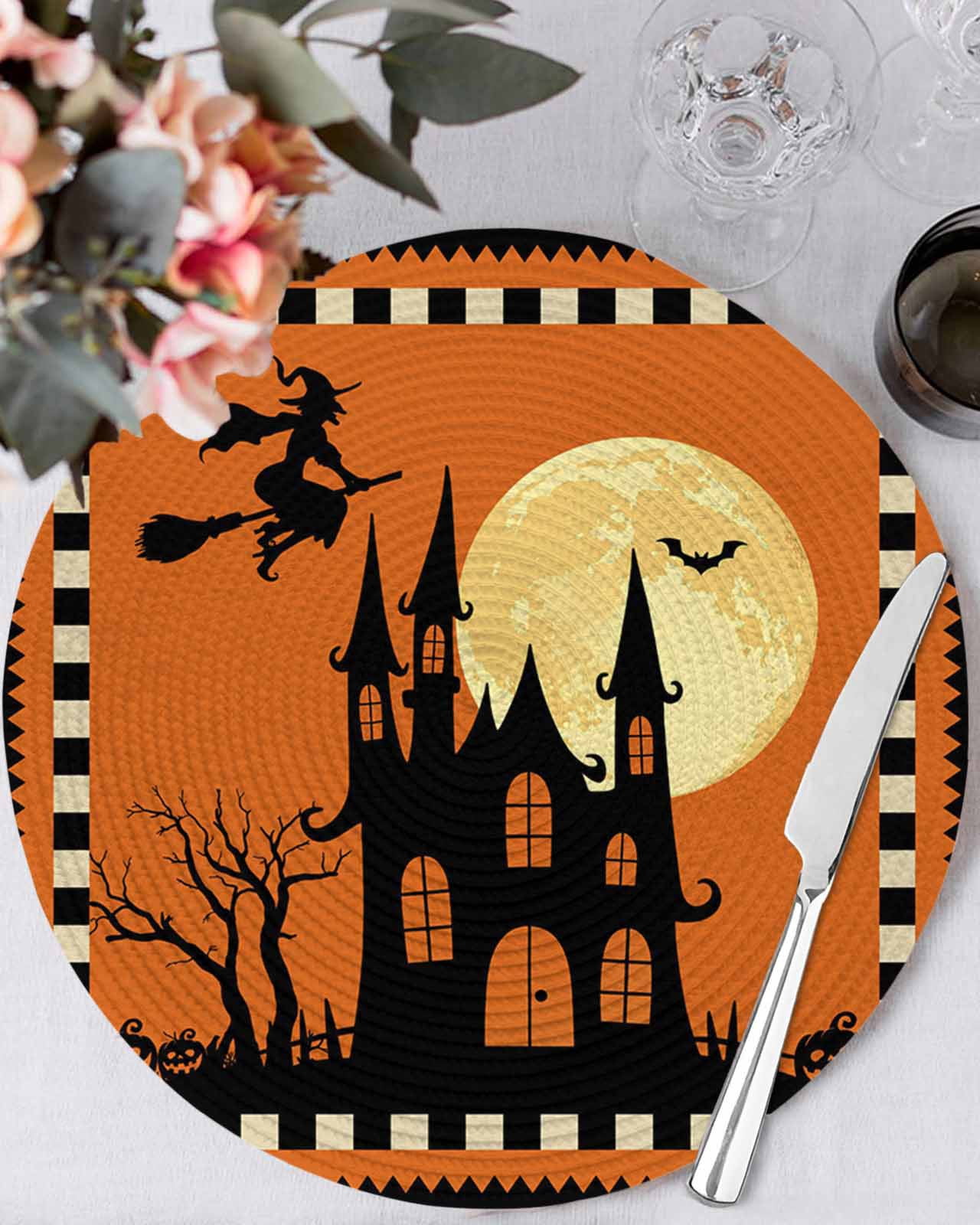13 Inch Round Placemats Set of 6, Halloween Castle Non Slip Heat ...