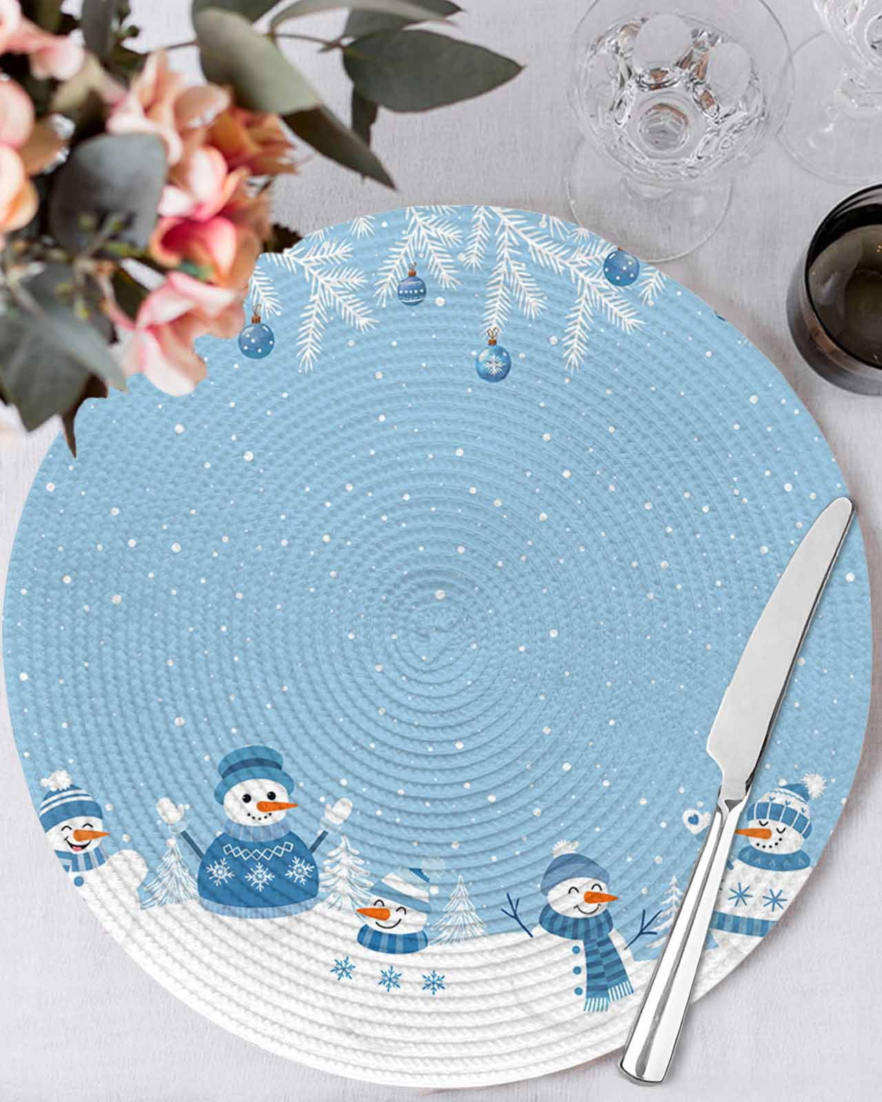 13 Inch Round Placemats Set of 6, Light Blue Snowman Christmas Non Slip ...