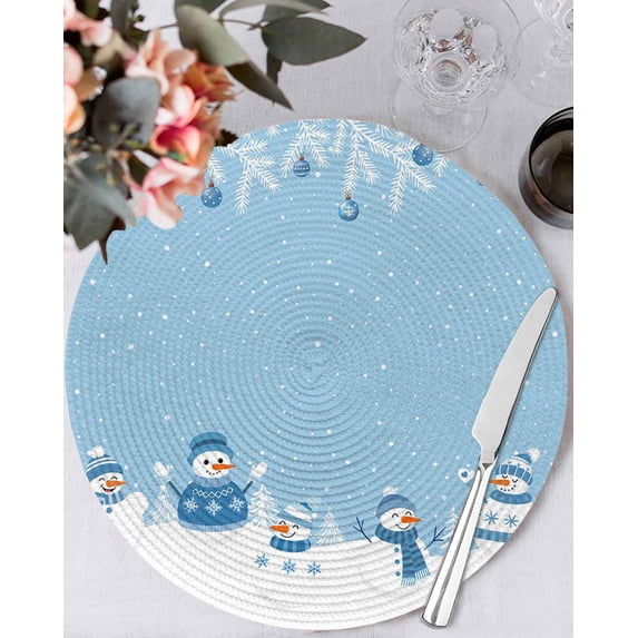 13 Inch Round Placemats Set of 6, Light Blue Snowman Christmas Non Slip ...
