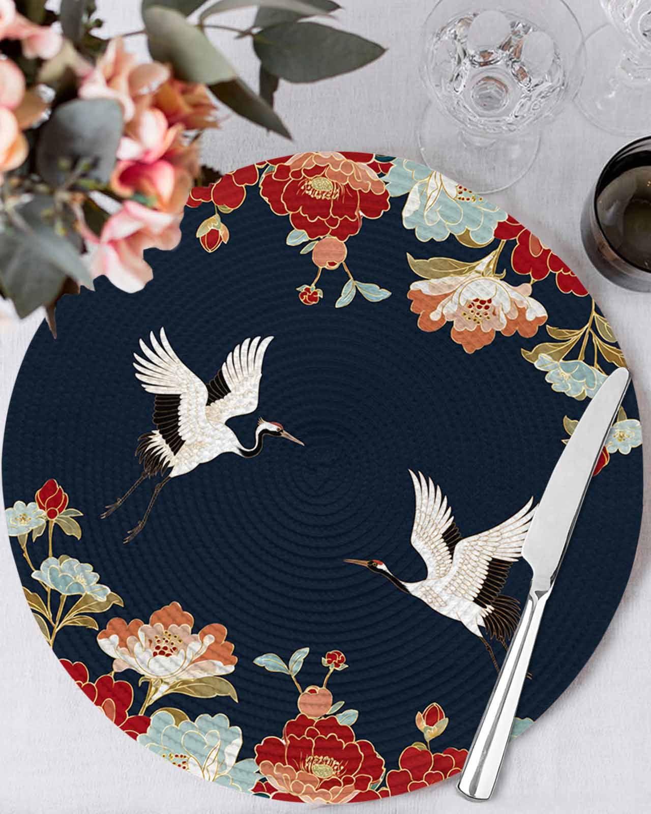 13 Inch Round Placemats Set of 6, Navy Blue Crane Non Slip Heat ...