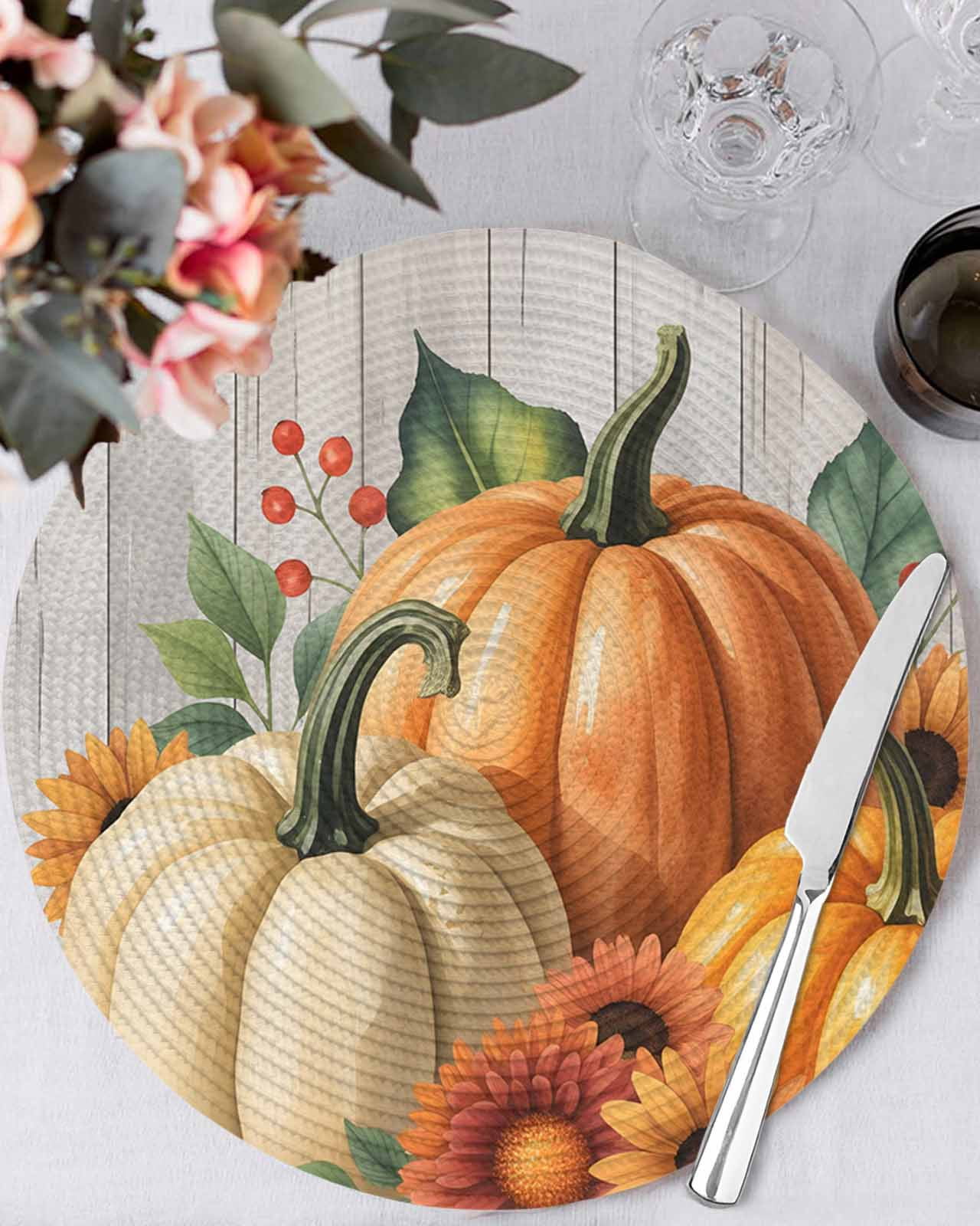 13 Inch Round Placemats Set of 6, Orange Pumpkins Fall Non Slip Heat ...
