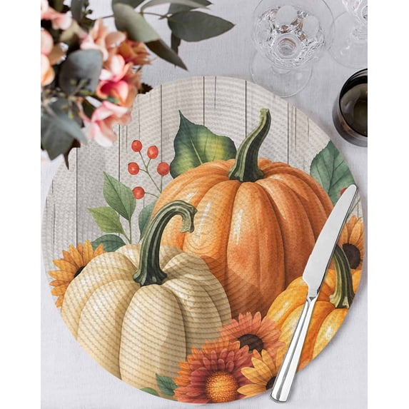 13 Inch Round Placemats Set of 6, Orange Pumpkins Fall Non Slip Heat ...